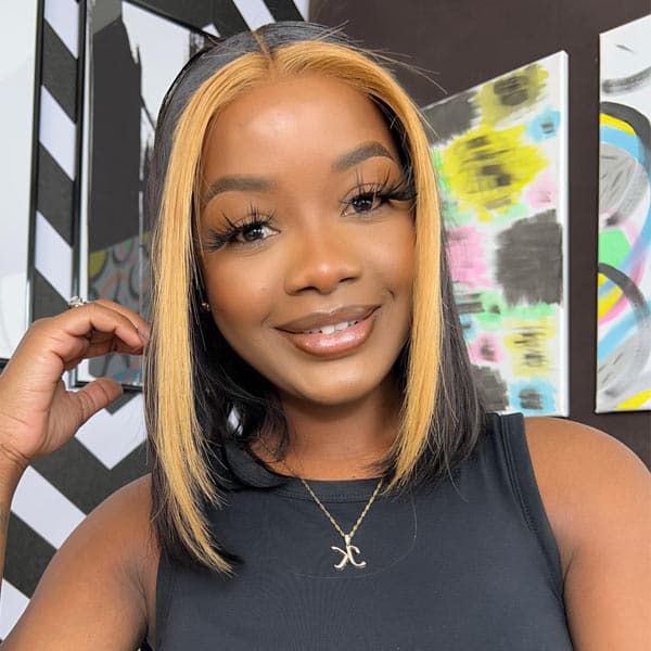 Blonde Skunk Stripe Natural Hair Bob Wig Lace Closure Cut Bob For wome ...